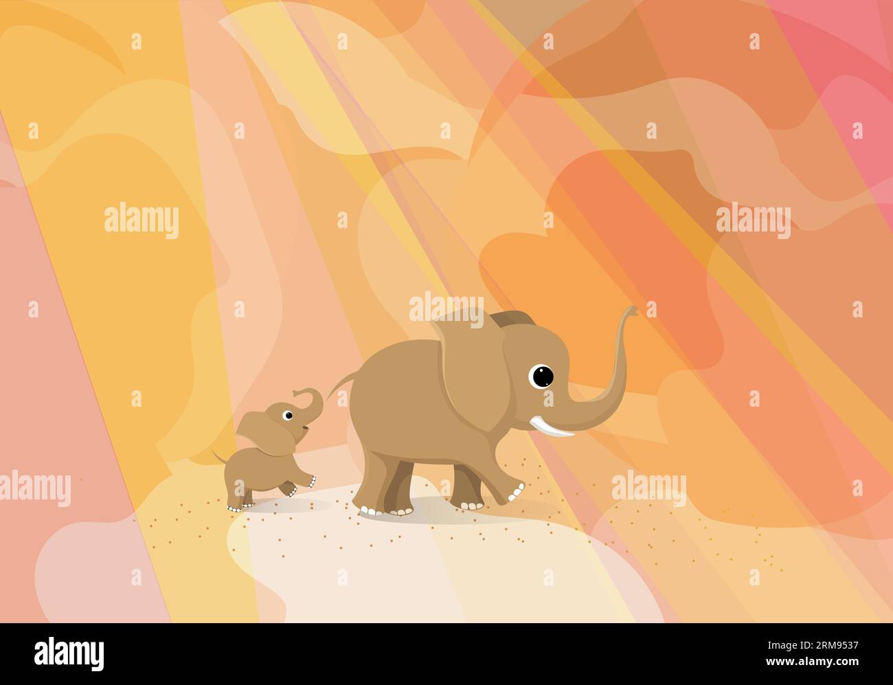 elephant and a baby elephant are walking in the hot rays of the African ...