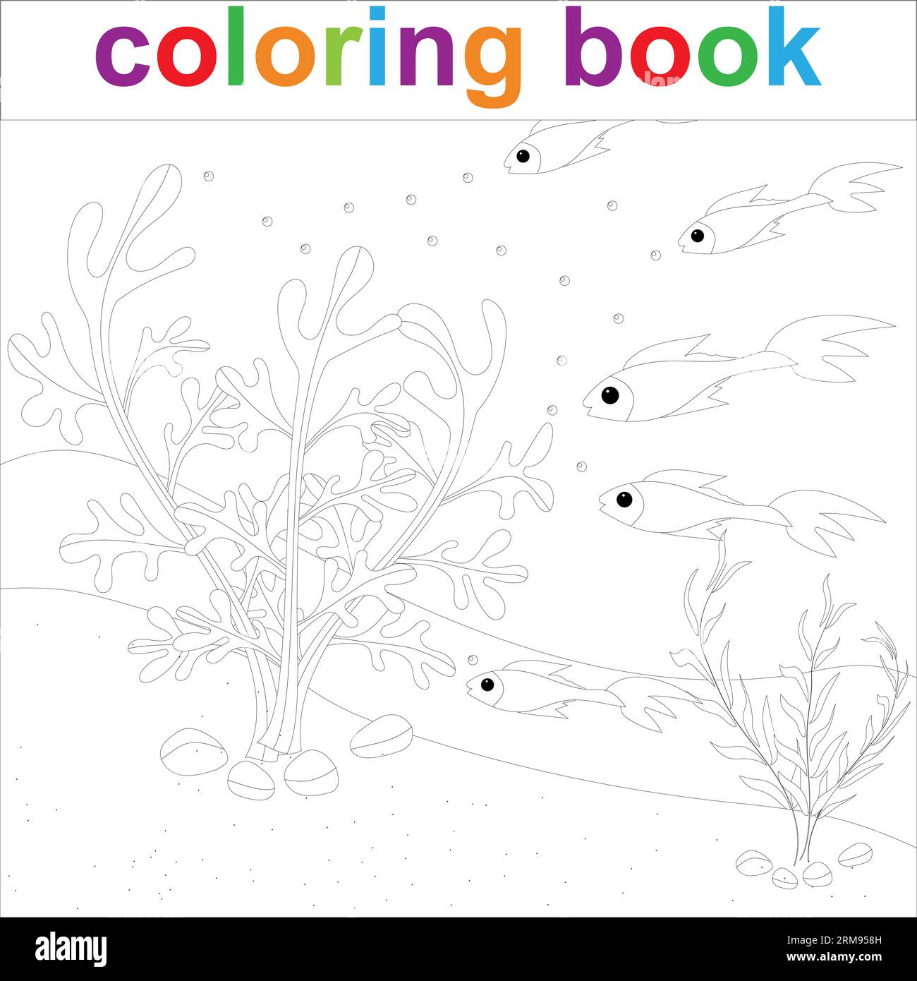 Coloring page template with cartoon fish and algae. For children ...