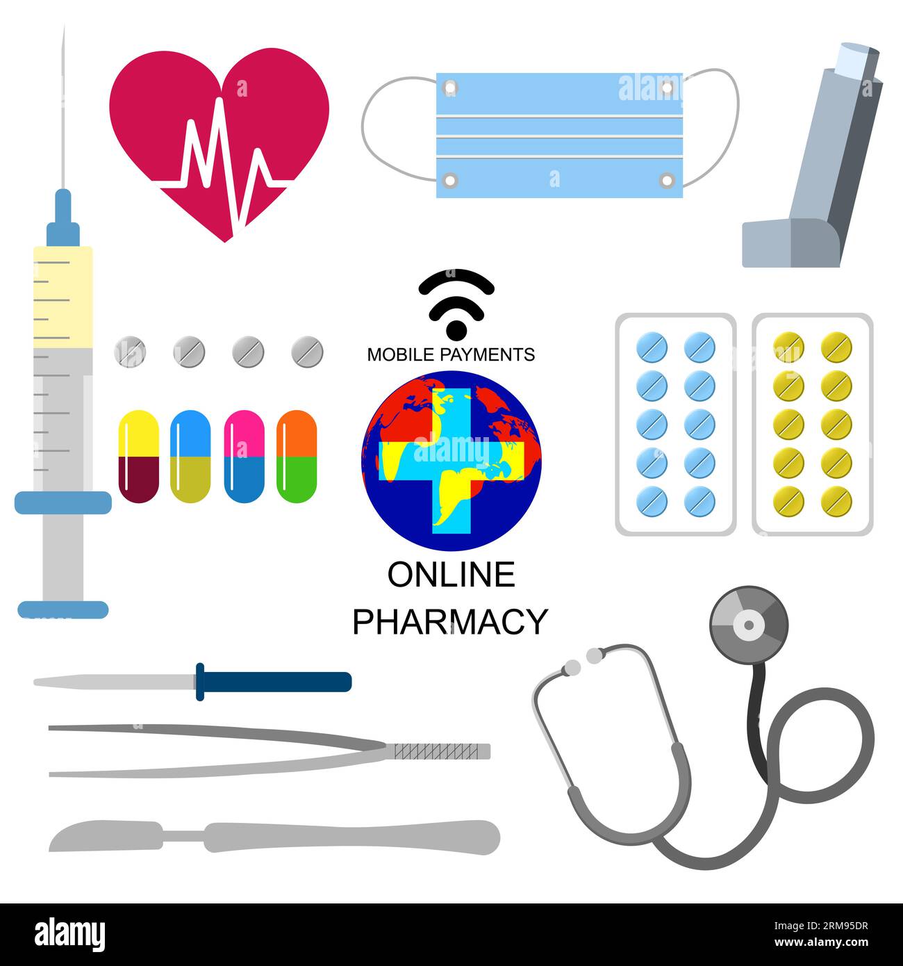 Pharmaceutical medications. Medicine, syringe, stethoscope on a white ...