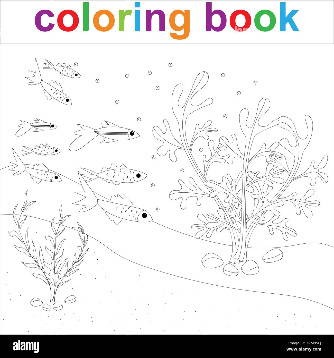 Coloring page template with several cartoon fish and algae. For ...