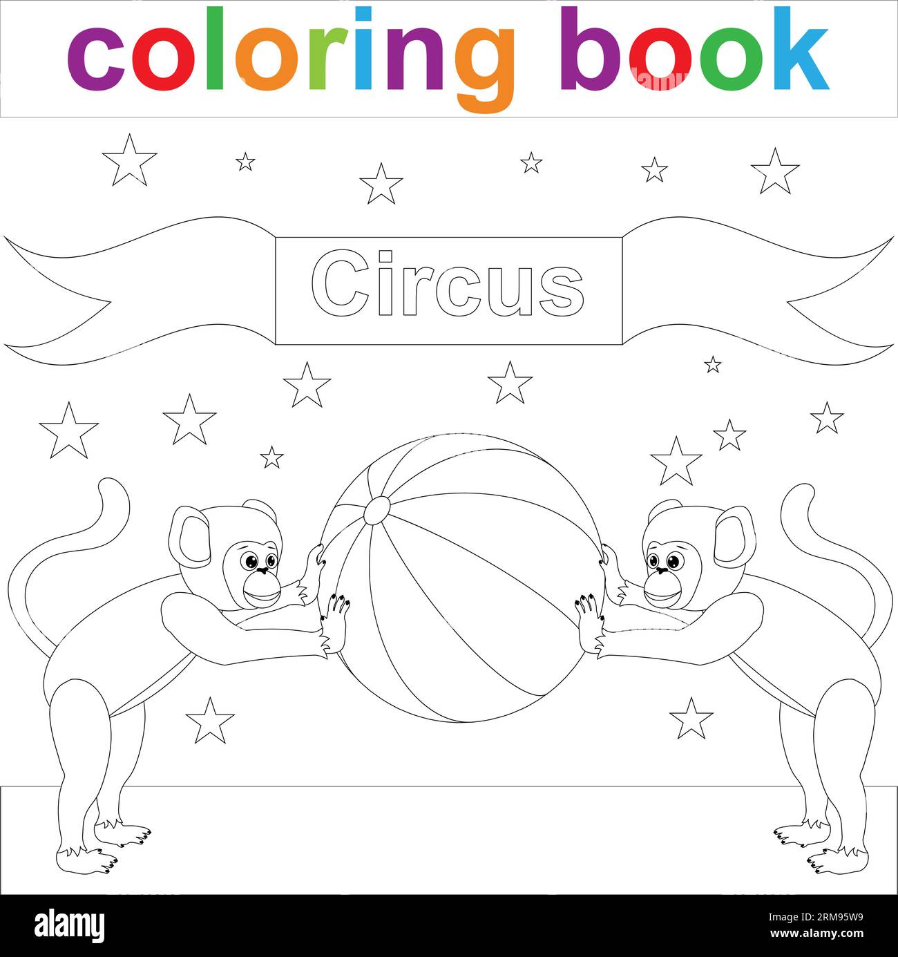 Monkeys play with a ball. Coloring book page template for children ...