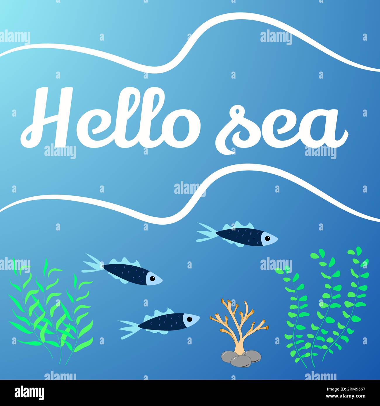 Hello sea background web banner. Fish, algae and corals in blue water. Vector illustration Stock ...