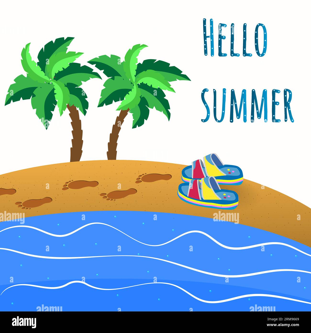 Hello summer background. Sea with sand, palm trees, waves and beach ...