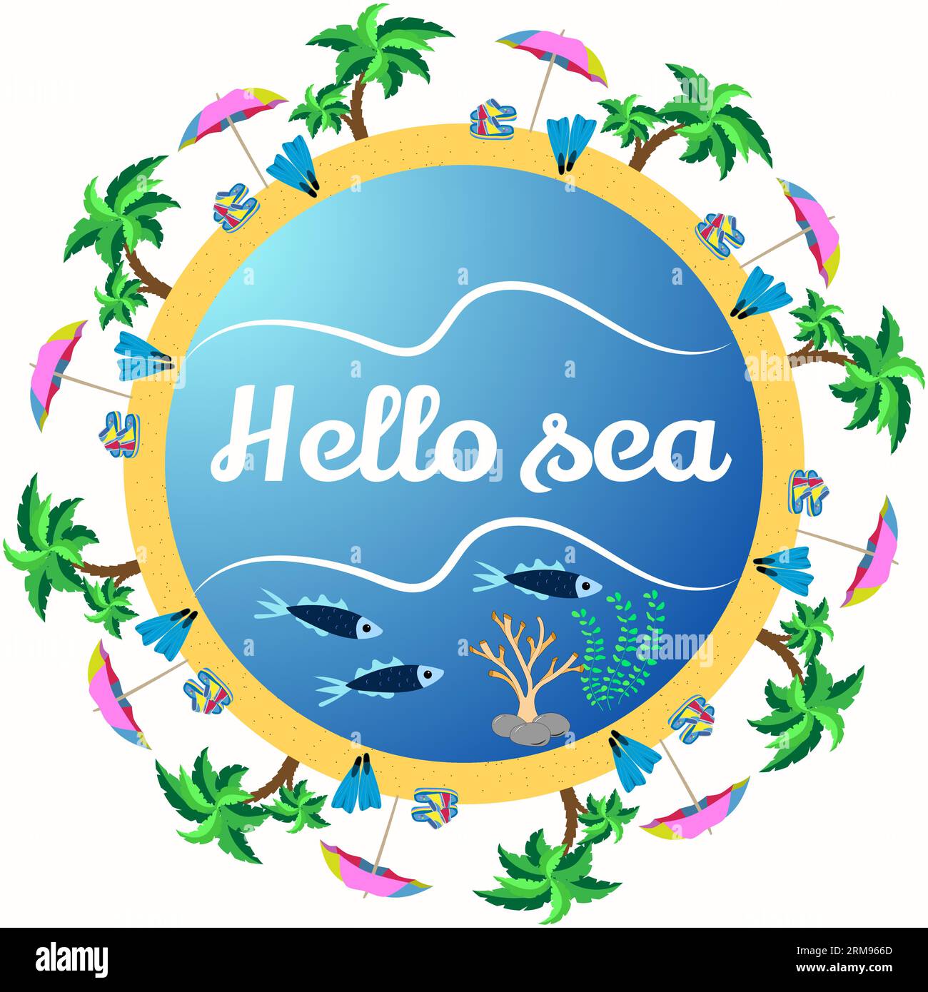 Hello sea background web banner. Circle with sea, beach, umbrella, palm trees and diving fins ...