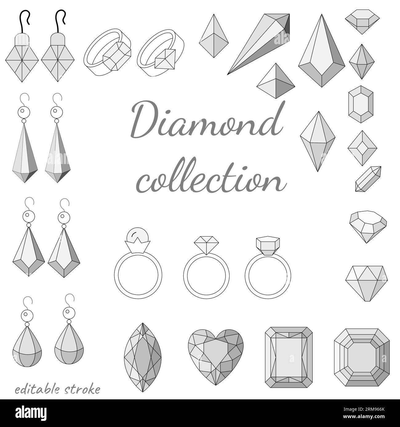 Line drawings of diamonds, rings and earrings. Vector set of diamond ...