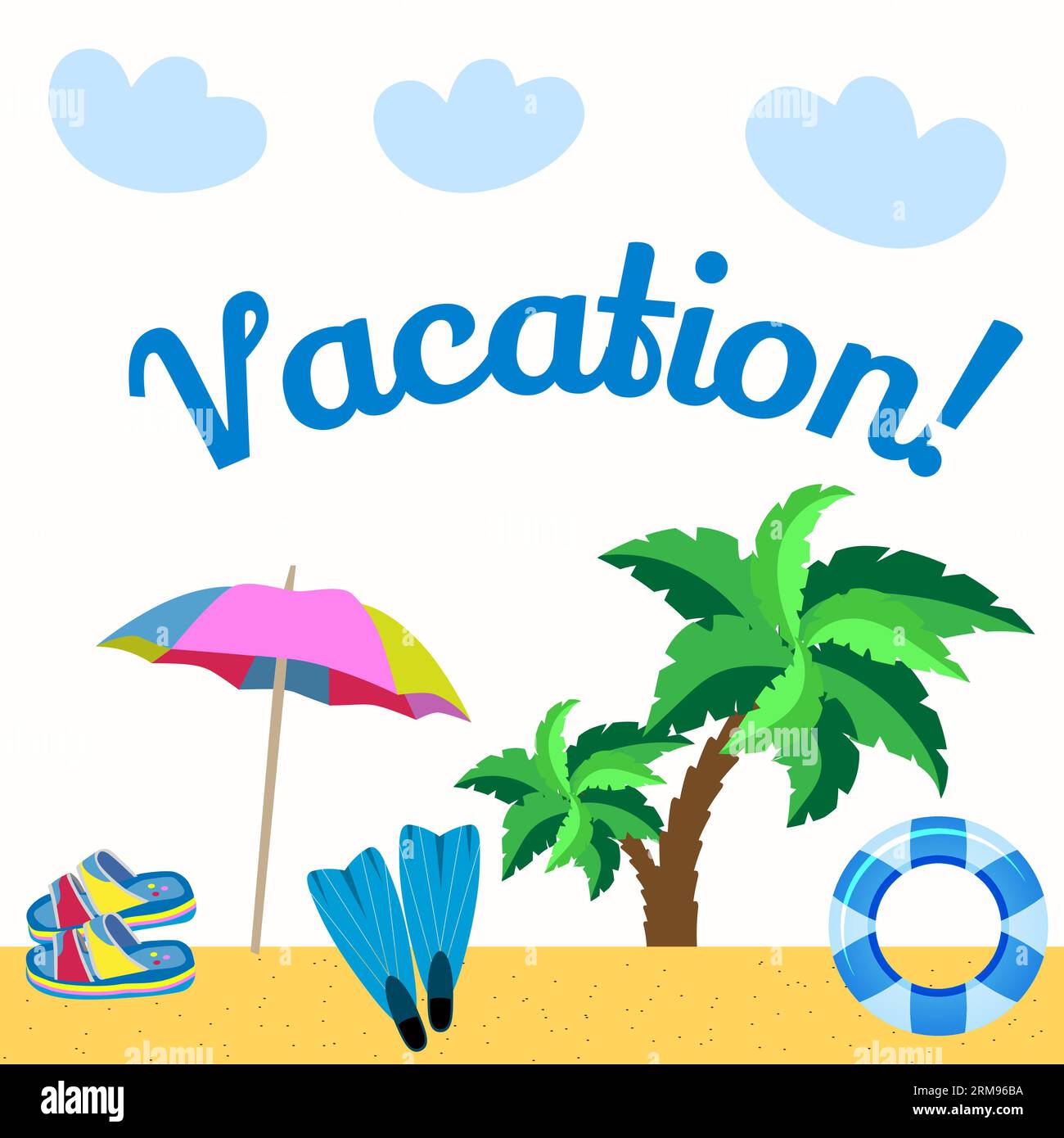 Hello vacation web banner background. Sandy beach, umbrella, palm trees, diving fins. Vector ...