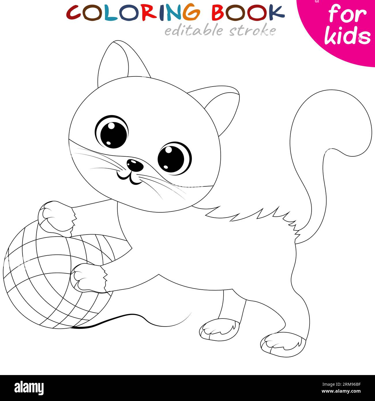 Small kitten plays with a ball of wool. Coloring book page template for ...