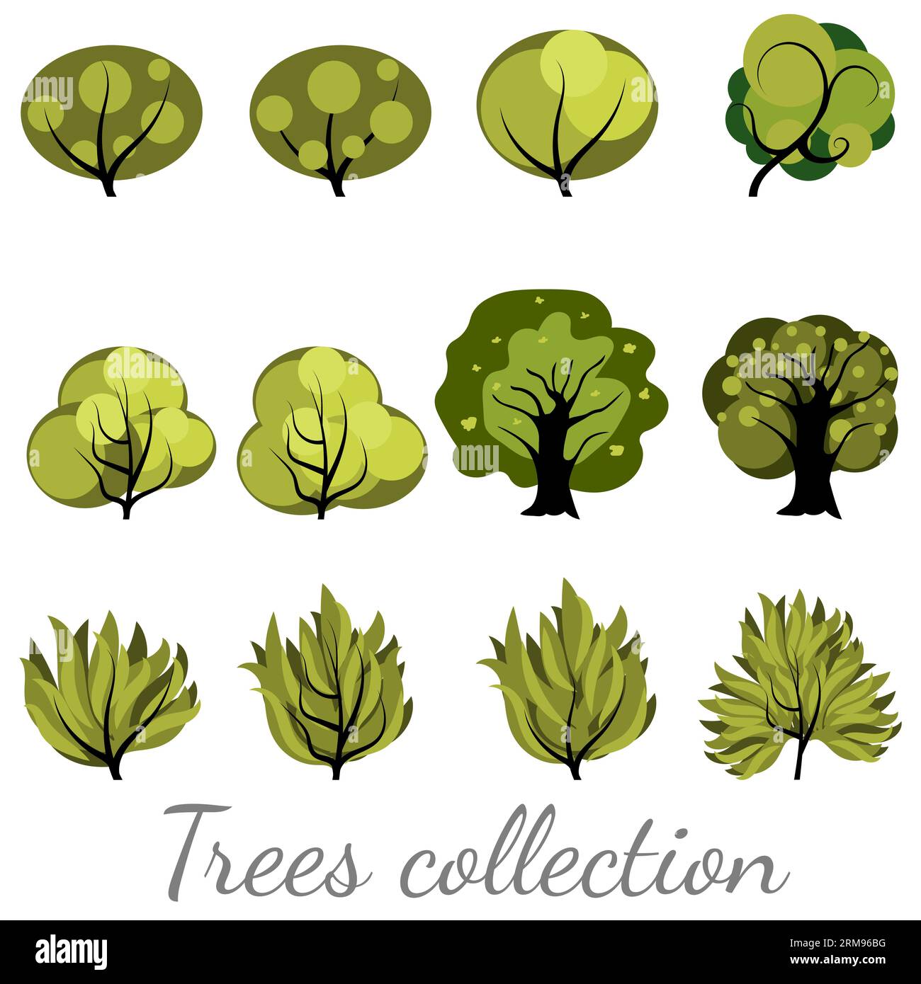 Flat trees isolated on white background. Cute green plants, forest ...