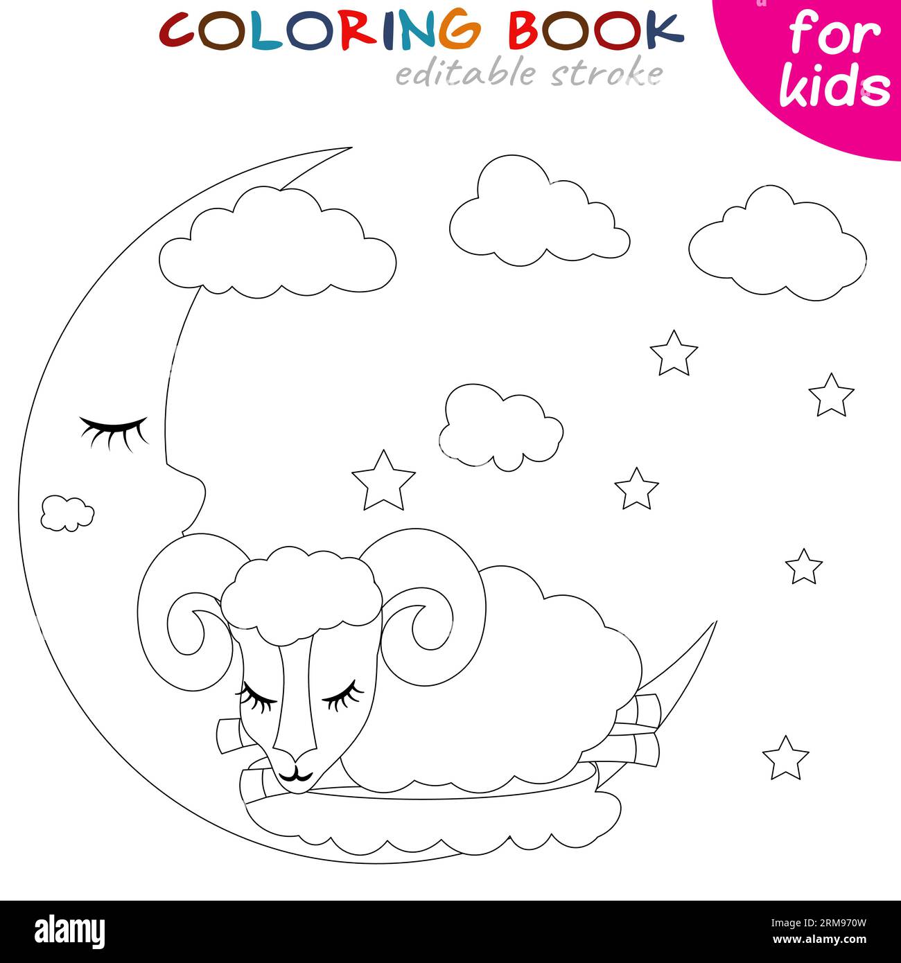 tired sheep sleeps on a cloud against the background of stars. Coloring ...