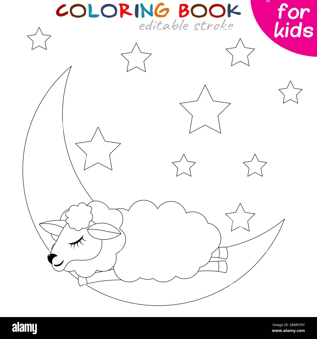 cute sheep sleeps on a cloud in the sky with stars. Coloring book page ...
