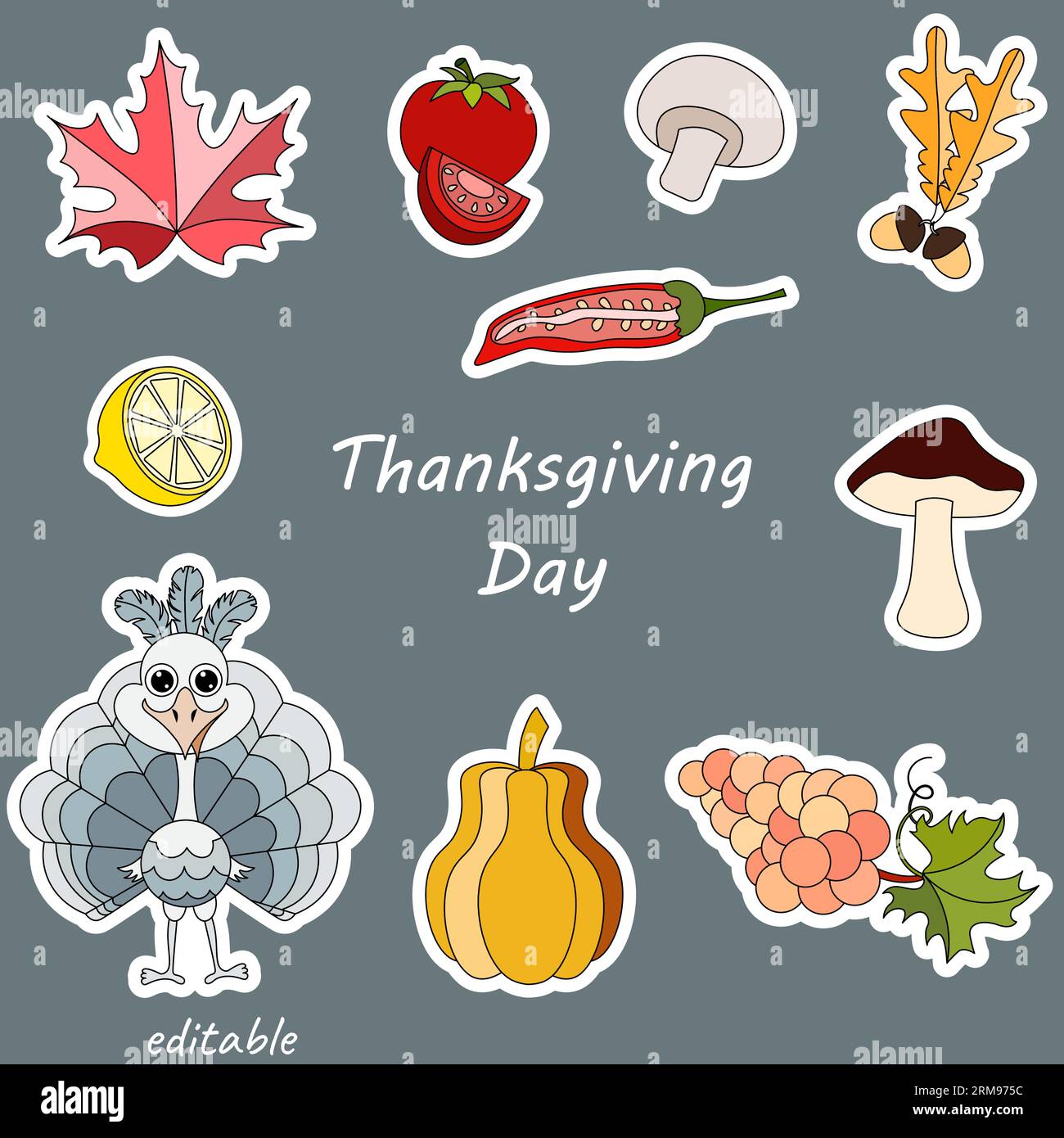 Thanksgiving Day. Set of stickers with harvest, acorns, grapes and ...