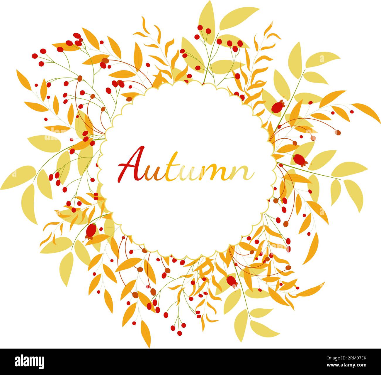 Autumn leaves and ripe berries. Autumn round frame. For your design ...
