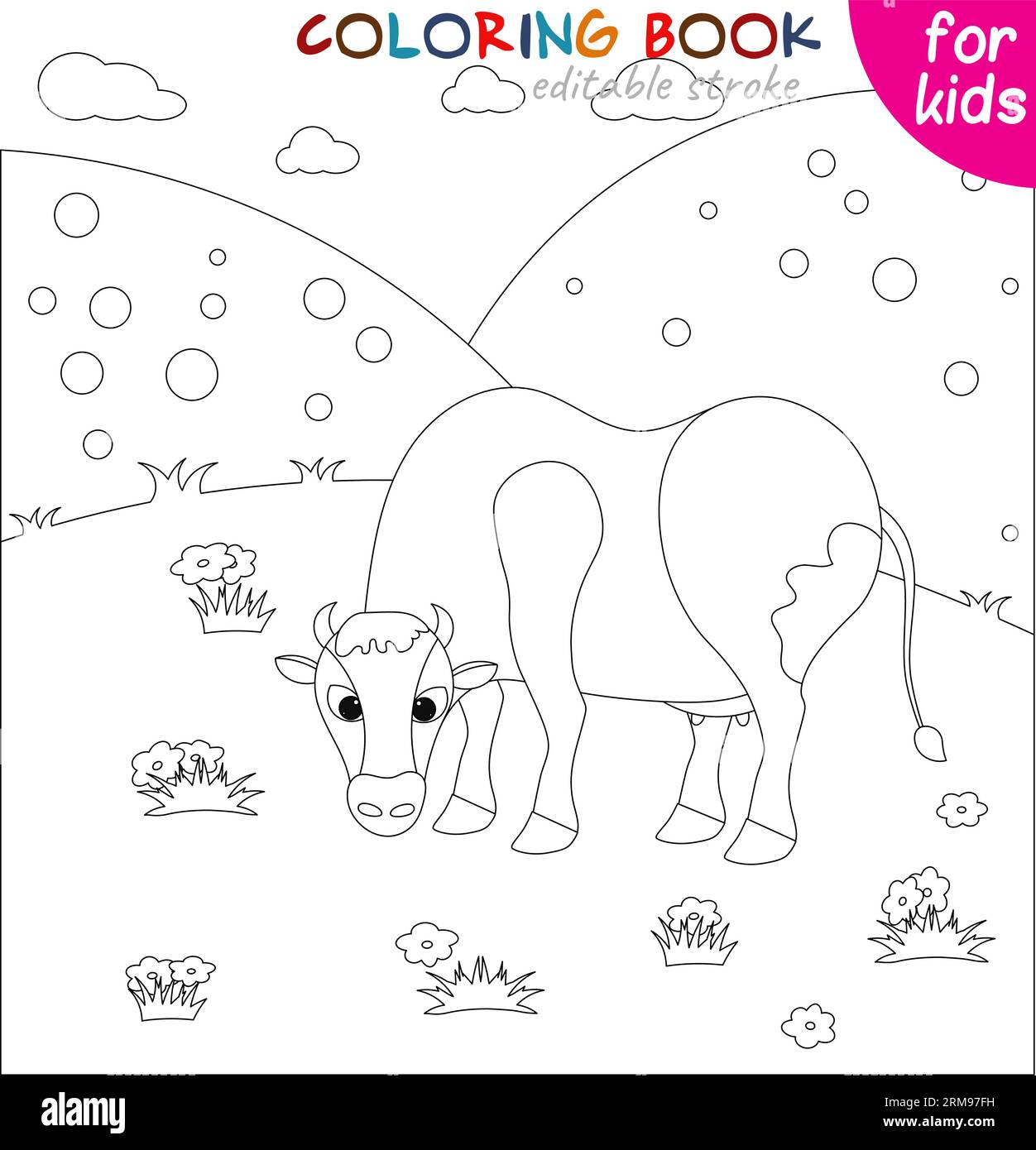 Cute cow in the meadow. Coloring template for children. Vector ...