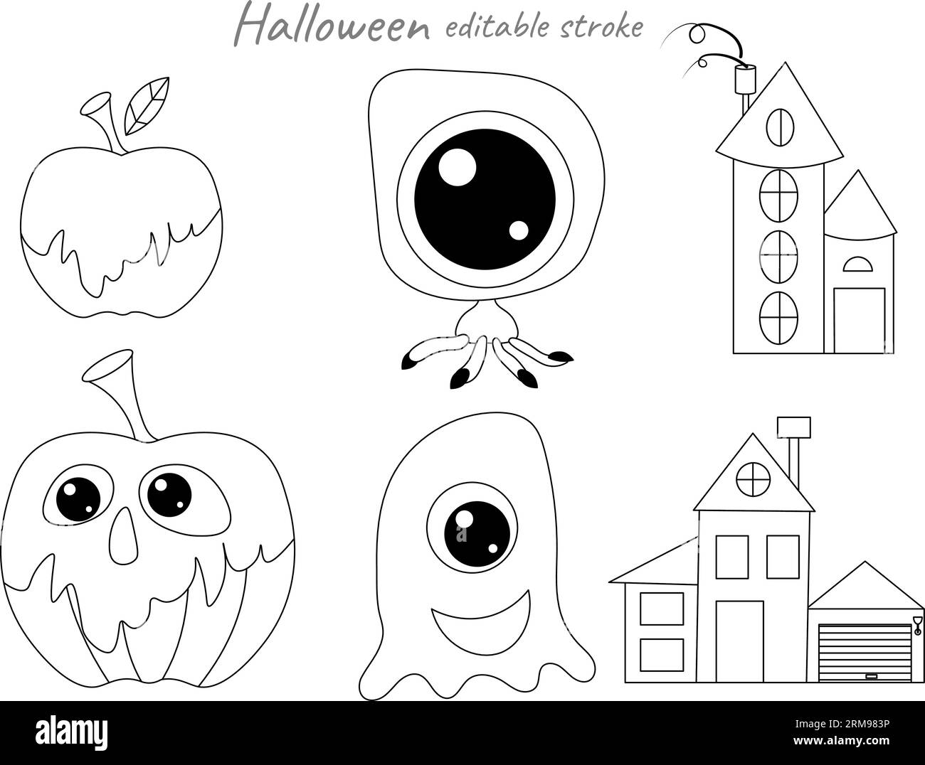 Happy Halloween. Set of monster, ghost, pumpkin, apple and houses ...