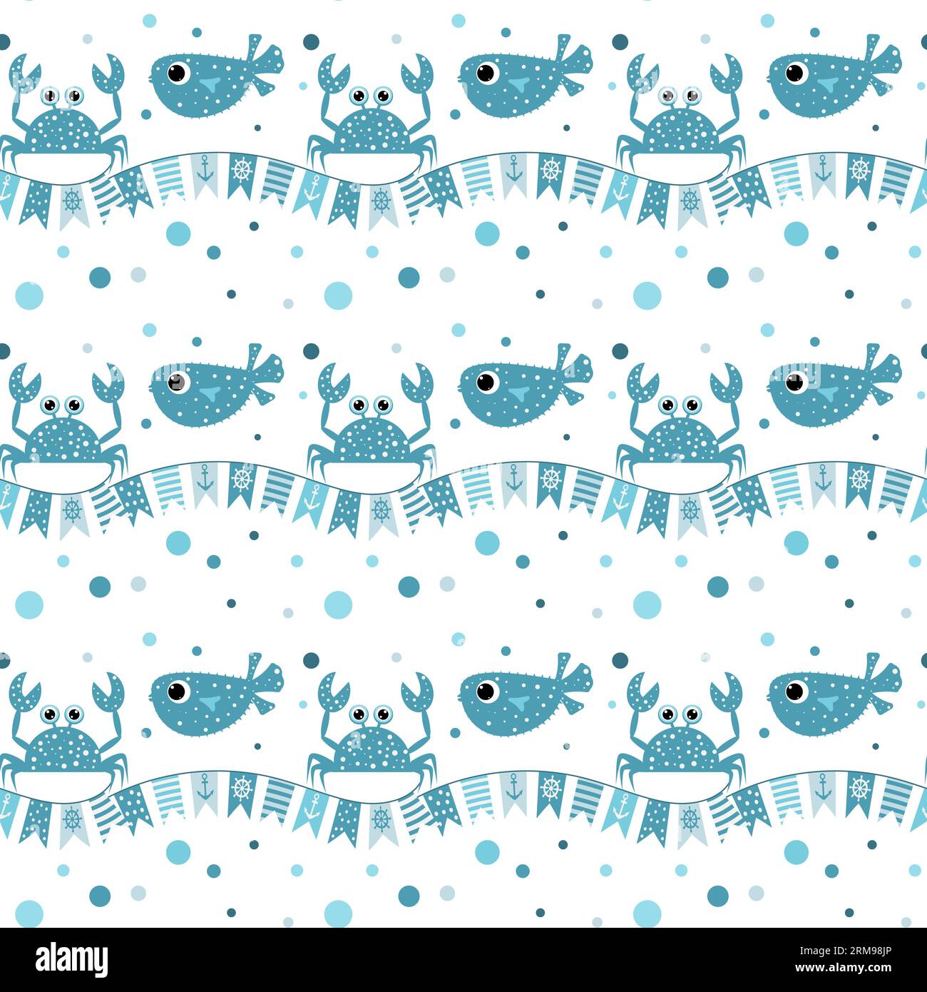 Crab, puffer fish and sea flags on a transparent background. Vector ...