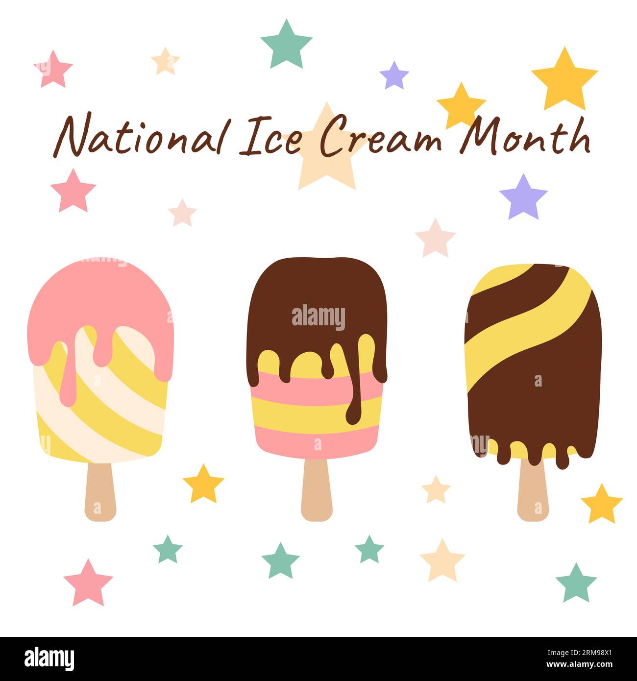 Ice cream on a stick and stars. Lettering National Ice Cream Month ...