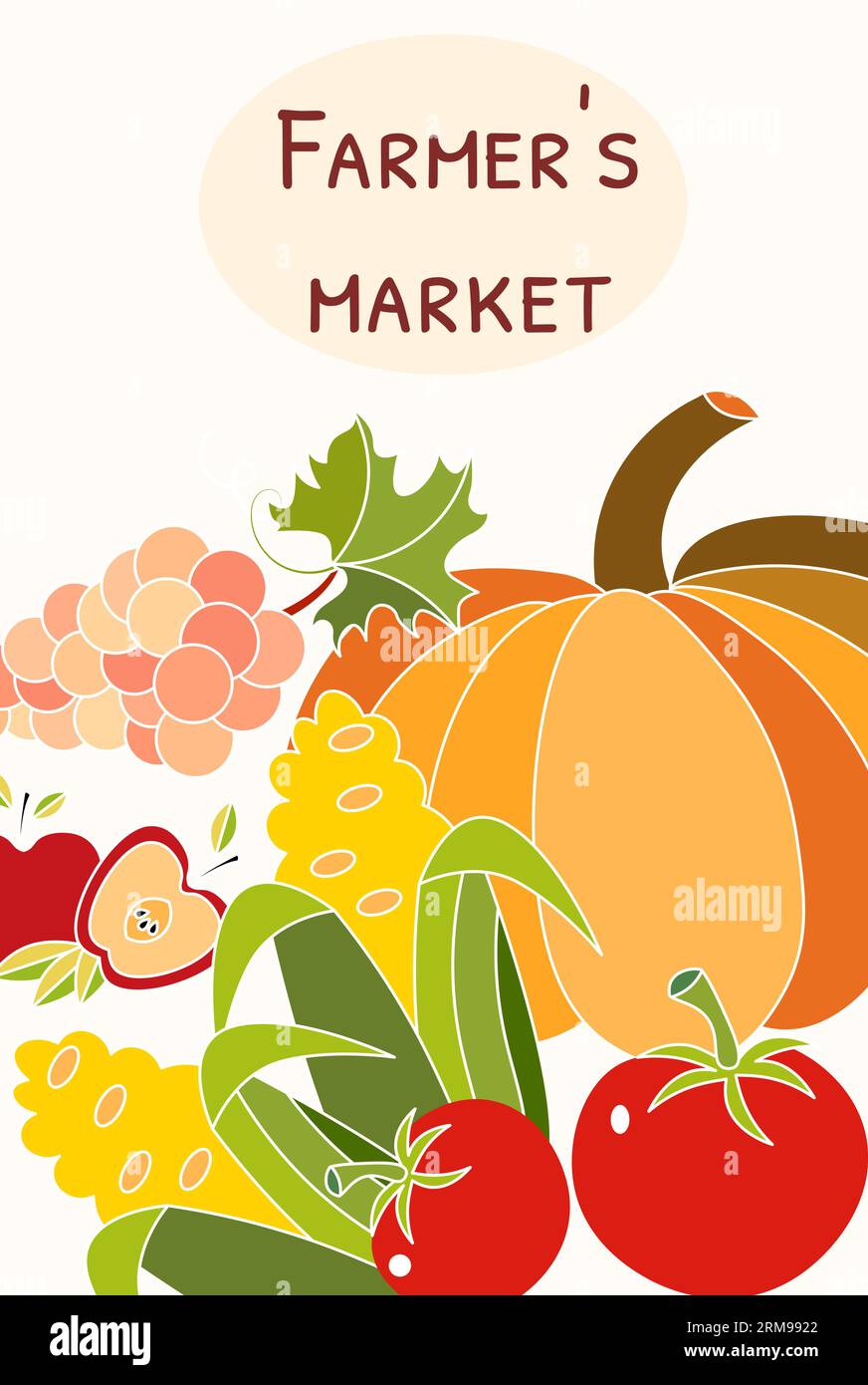 Farmers market poster. Corn, pumpkin, tomato, apples and grapes. Fresh ...