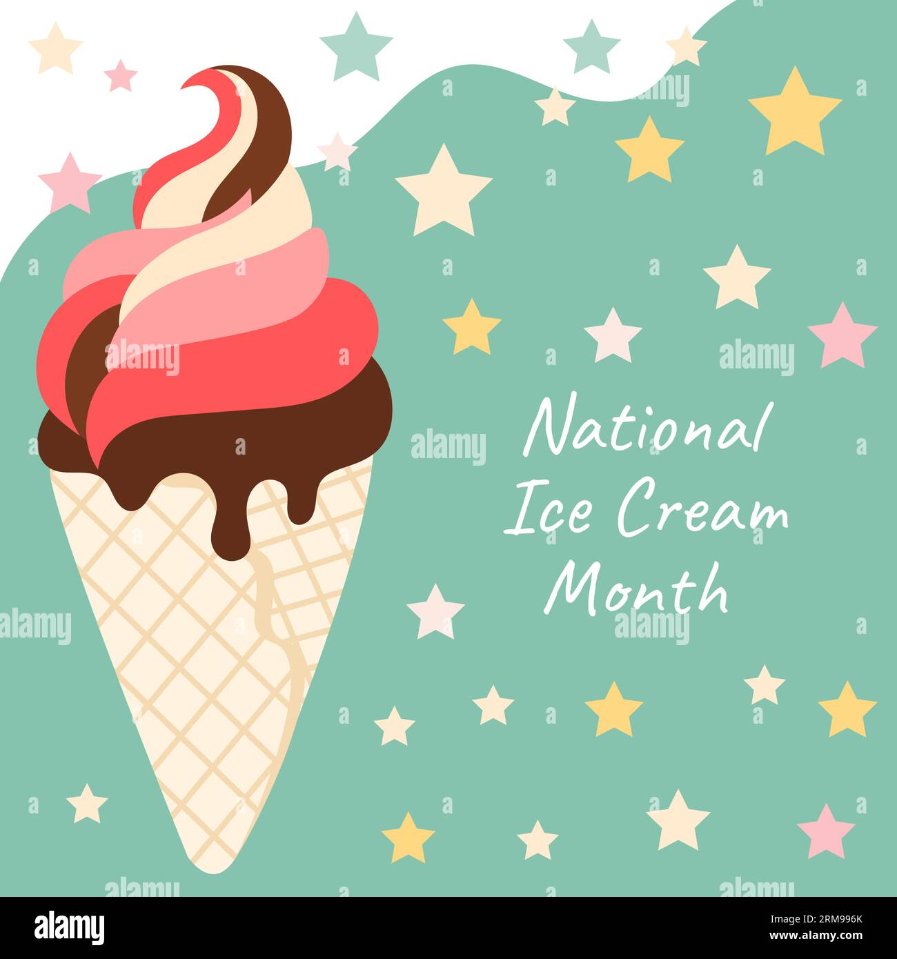 Big ice cream in a waffle cone and stars. Lettering National Ice Cream ...