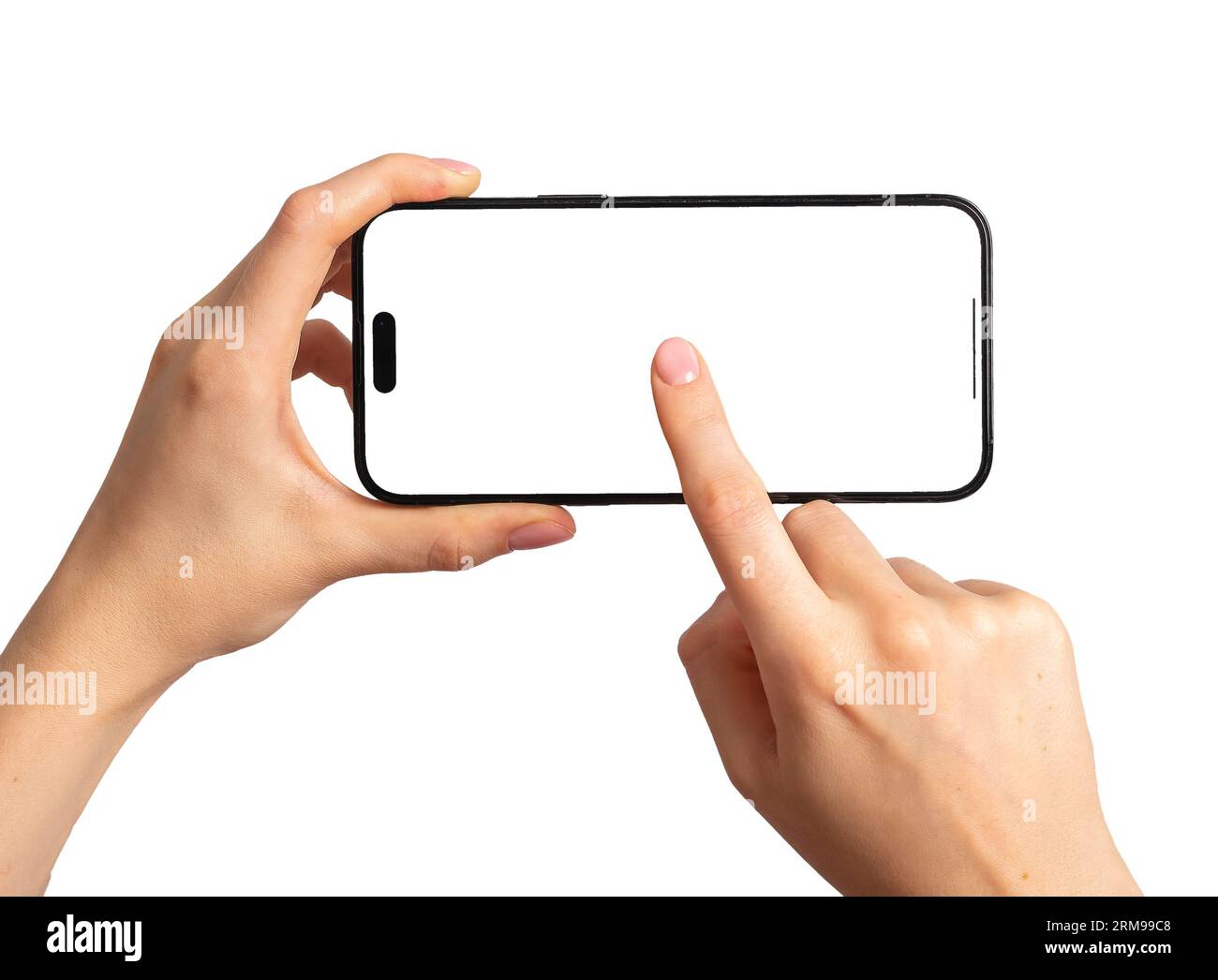 Finger clicking on mobile phone screen center. Hand holding smartphone ...