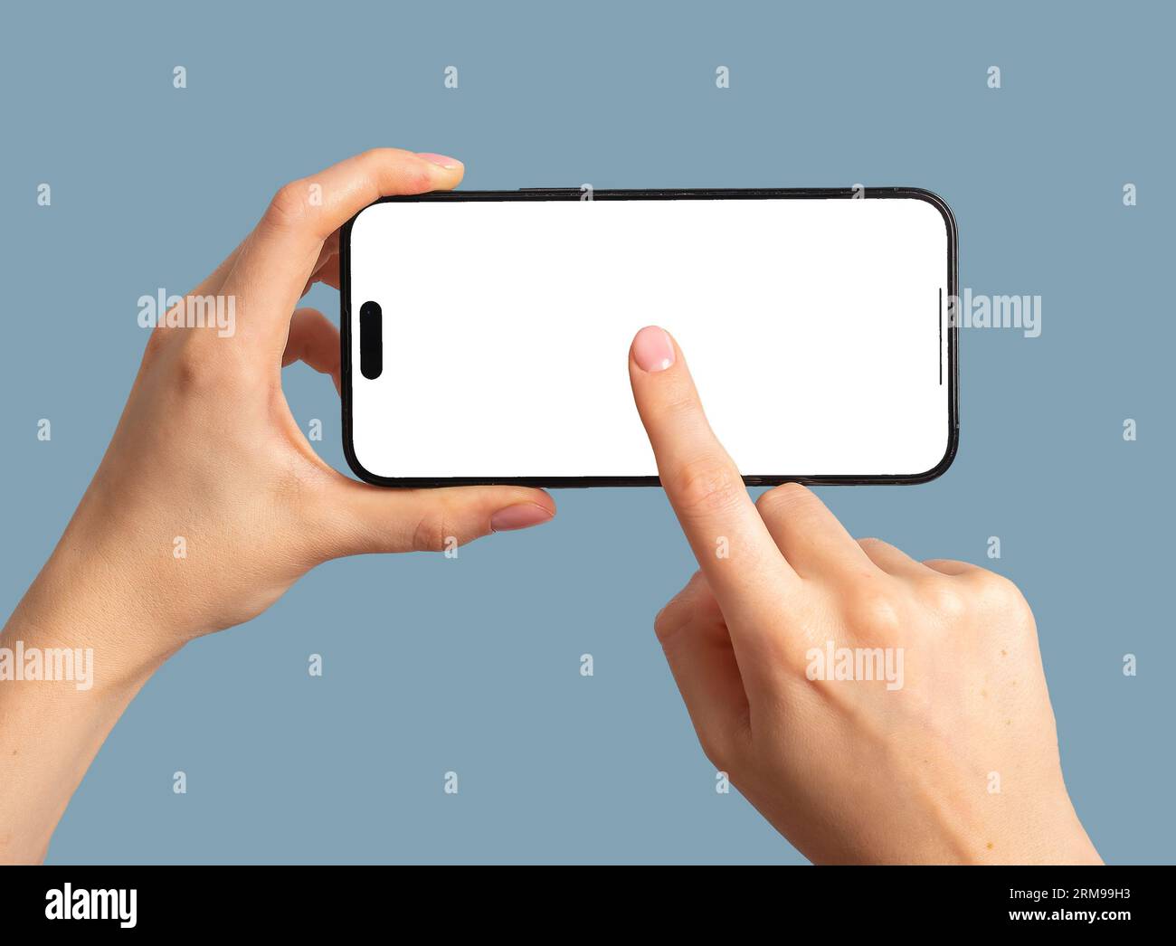 Finger clicking on mobile screen center. Hand holding smart phone ...