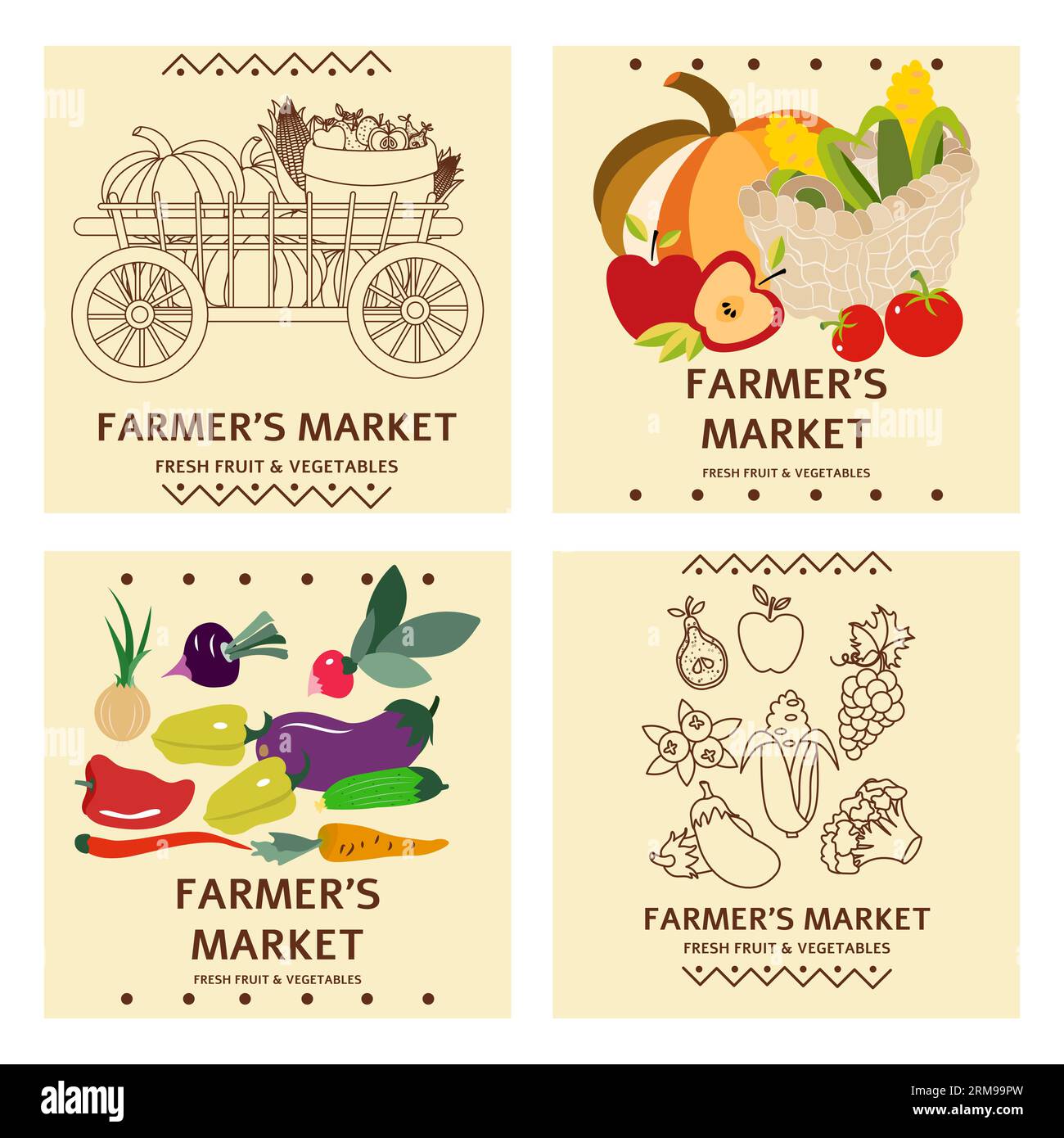 Farmer's market poster. Trolley and basket with fruits and vegetables ...