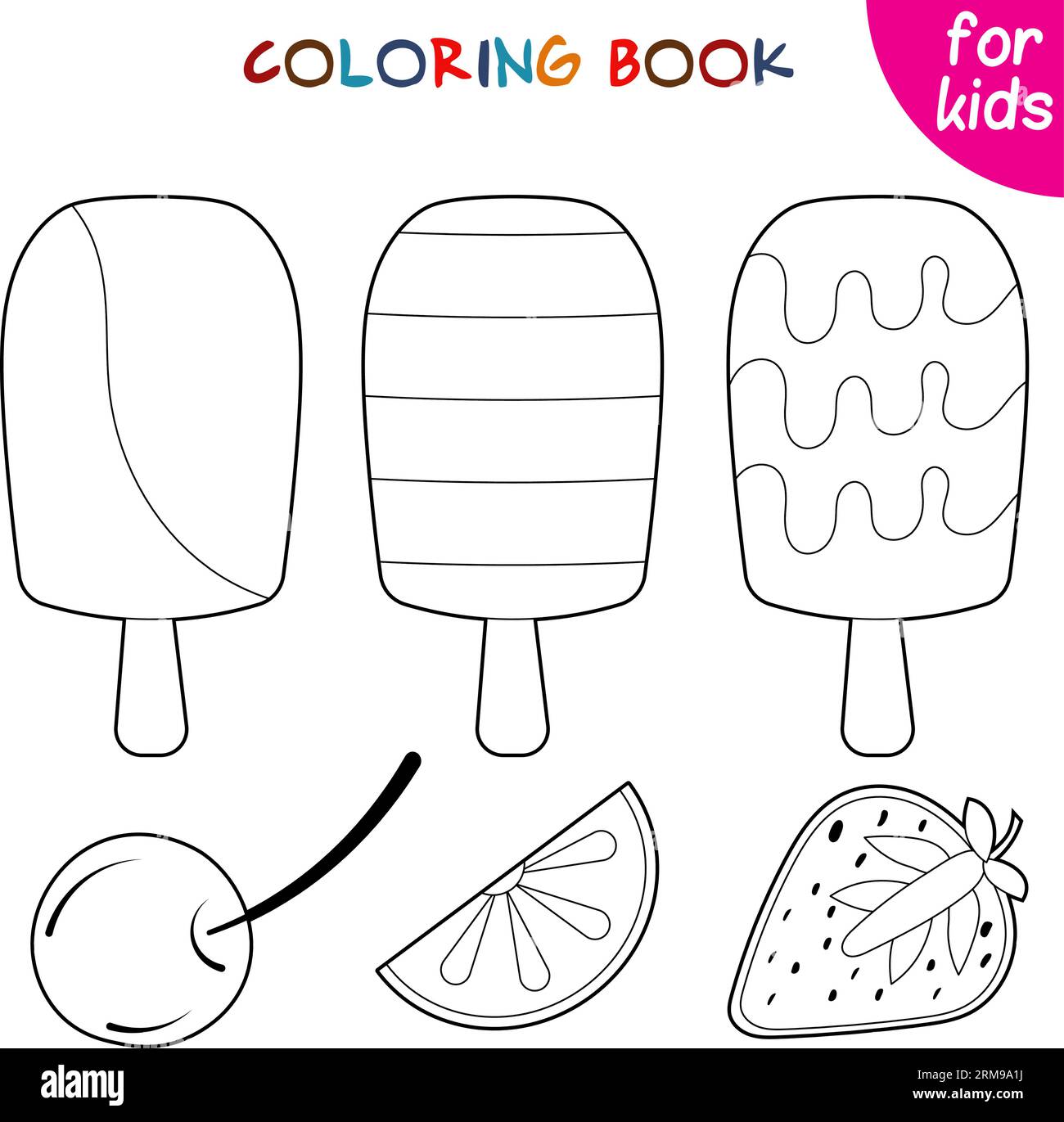 Fruit ice cream on a stick on a white background. Relaxation coloring ...