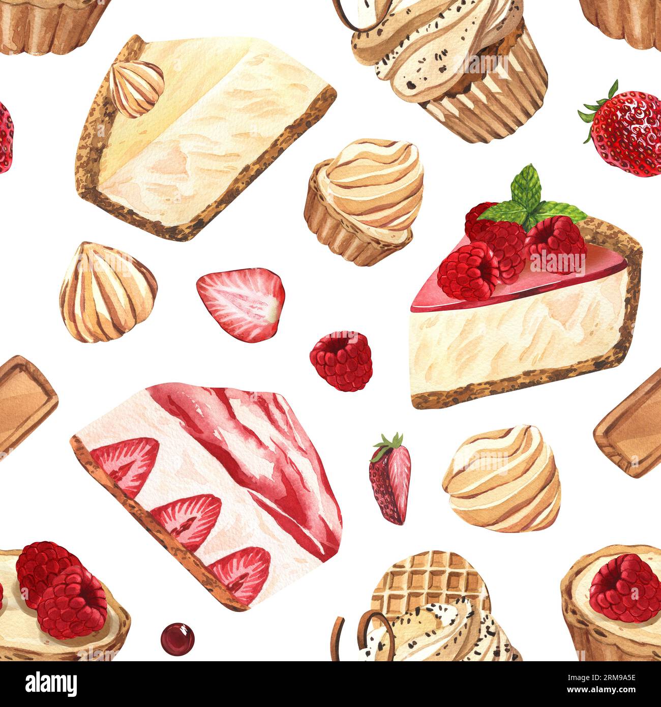 Watercolor seamless pattern desserts, piece of cheesecake with fresh ...