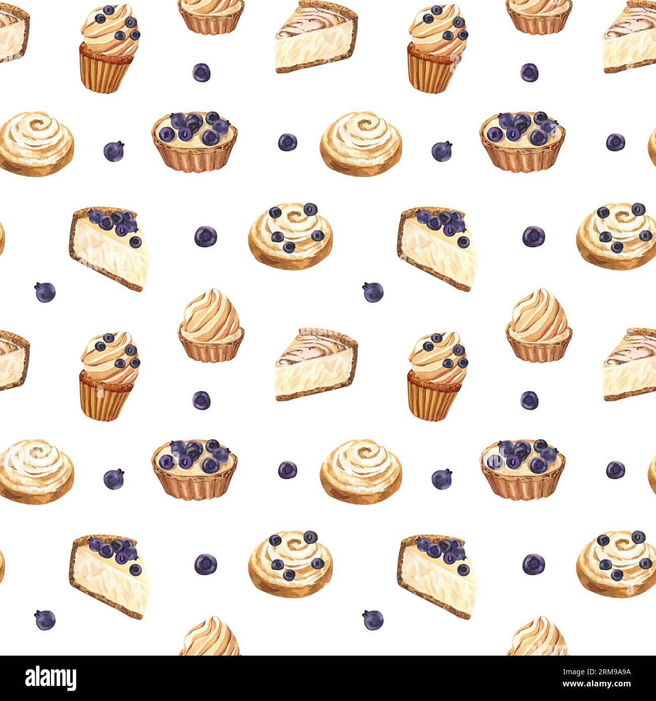 Watercolor seamless pattern dessert muffin, cupcake, tart, bun, cheesecake with blueberry. Hand ...