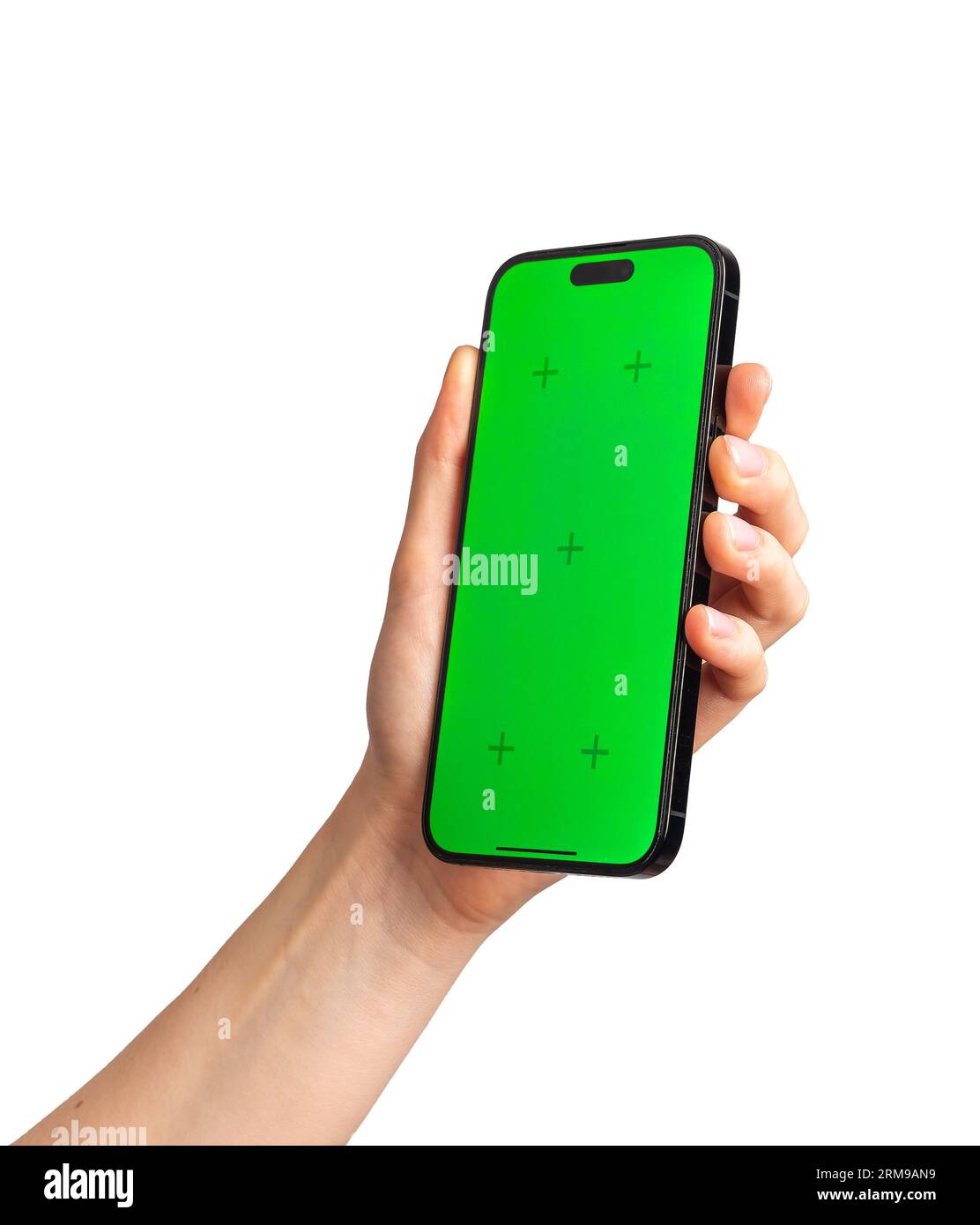 Hand holding chromakey screen of iphone 14, mobile phone mock up ...