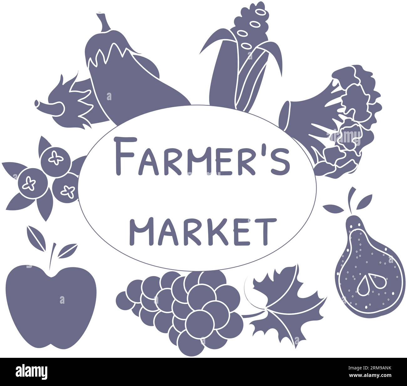 Farmers market poster. Blue inscription on the background of fruits and ...