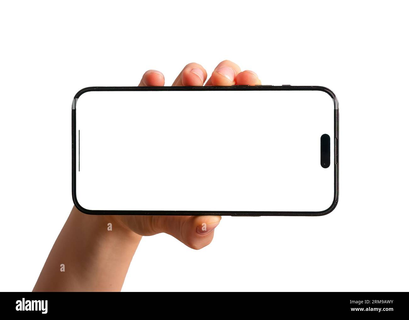 Hand holding horizontal smartphone screen, mobile phone mock up ...