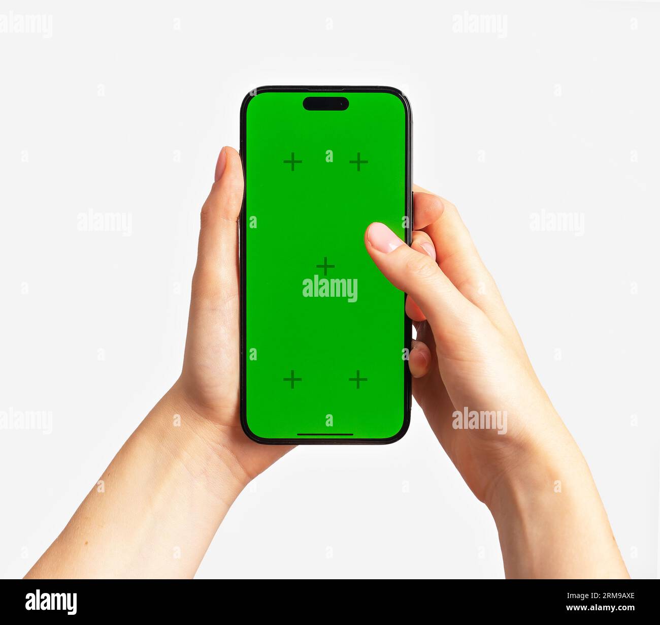 Hand holding mobile phone screen mock up, scrolling with thumb, green iphone mockup isolated on ...