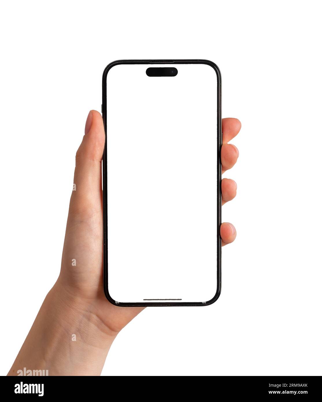 Hand holding mobile phone screen mockup, iphone mock up isolated on white background Stock Photo ...