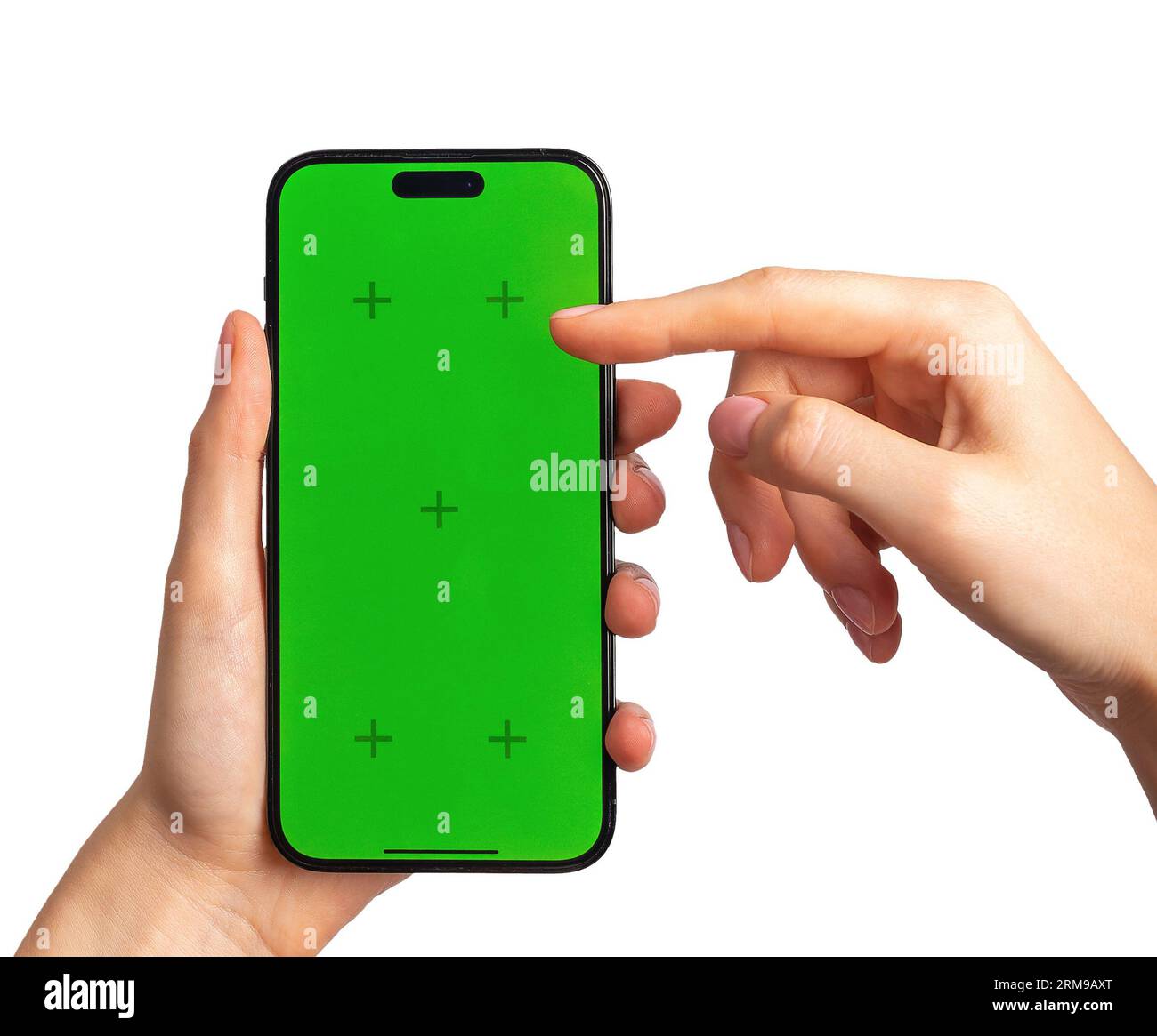 Hand holding mobile phone screen mockup, scrolling with finger green iphone 14 mock up isolated ...