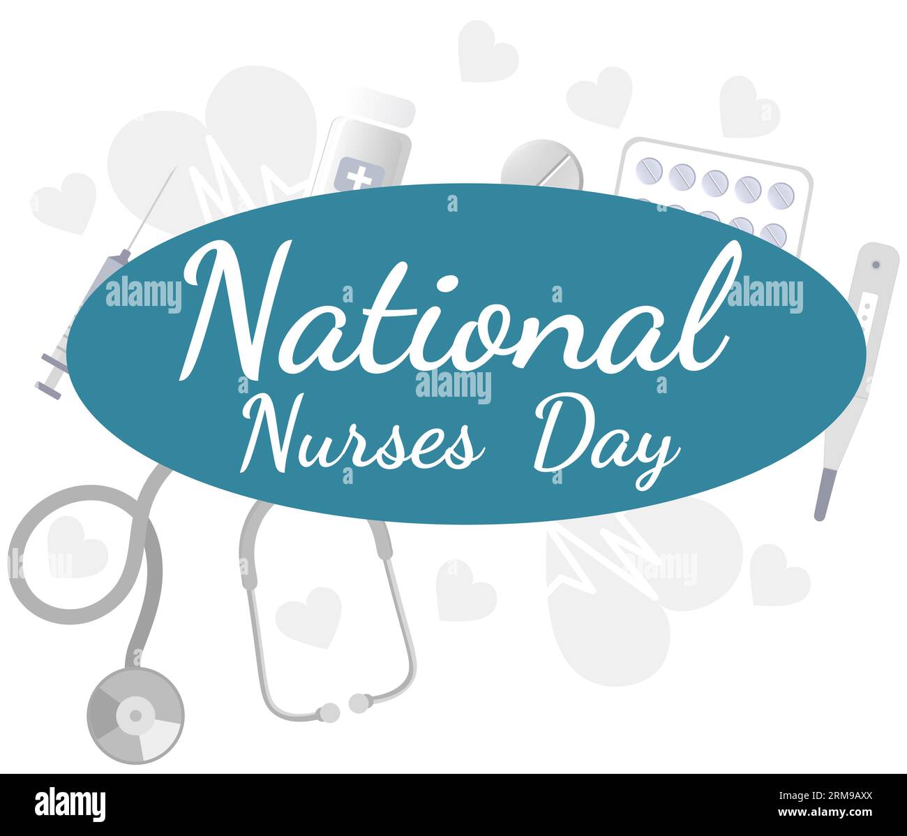 National Nurses Day. Inscriptions, stethoscope, syringes and pills ...