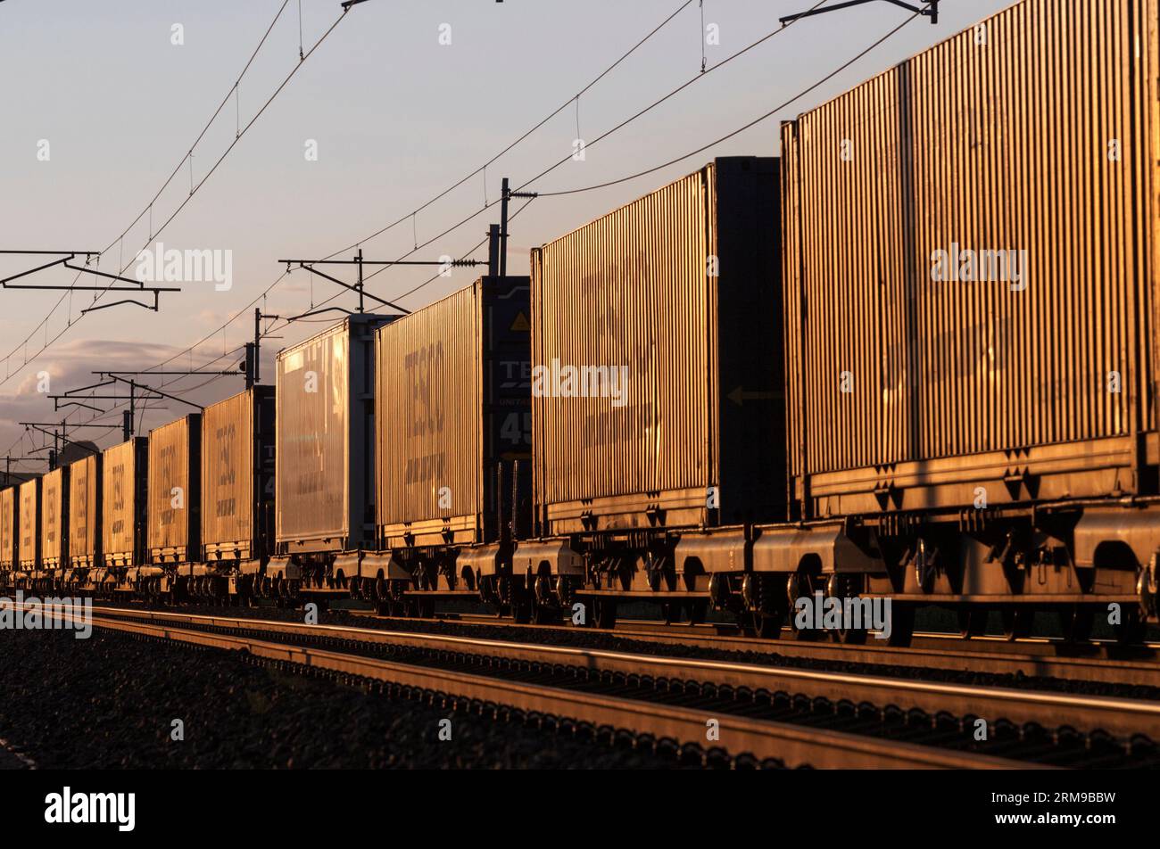 Freight train carrying intermodal containers on the west coast mainline ...