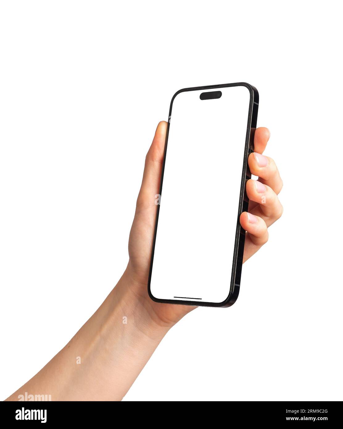 Hand holding screen mockup of iphone 14, mobile phone mock up isolated on white background Stock ...
