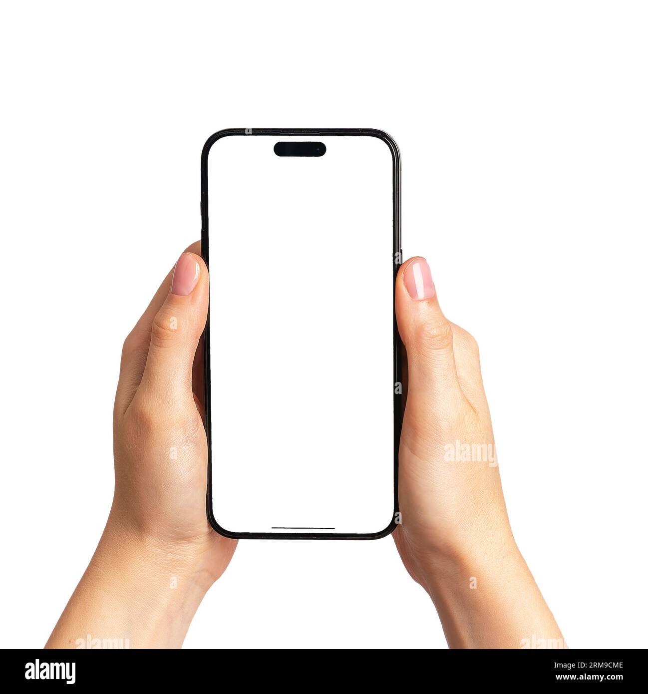 Hand holding screen of phone, smartphone mockup isolated on white ...