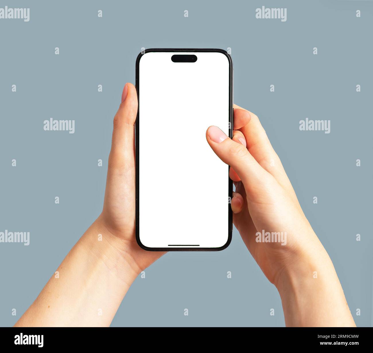 Hand Holding Smartphone Screen Mockup Scrolling With Thumb Finger Iphone 14 Pro Mock Up Stock