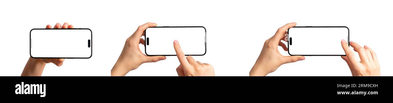 Hands holding horizontal phone screen mock-ups, smartphone mockups for ...