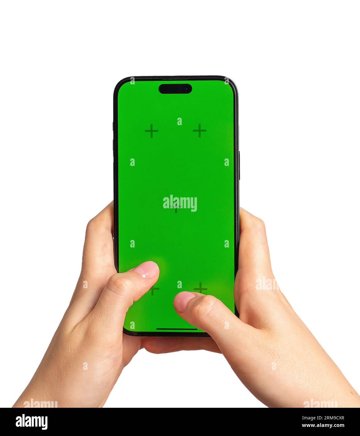 Hands holding mobile phone, texting POV. Using smartphone mockup, typing with fingers on green ...