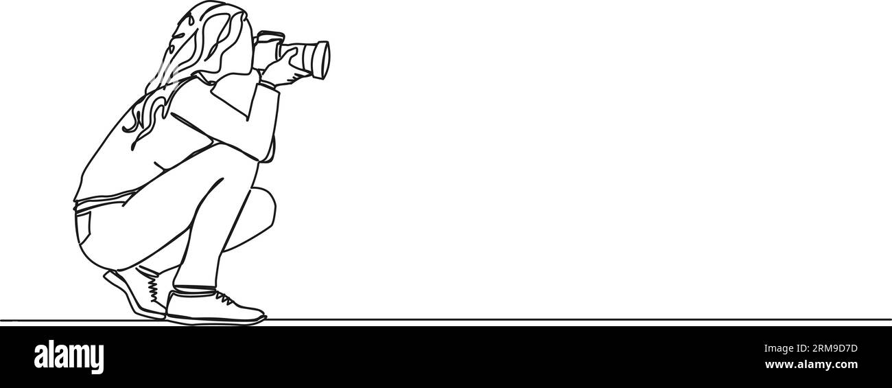 continuous single line drawing of woman taking picture with dslr camera ...