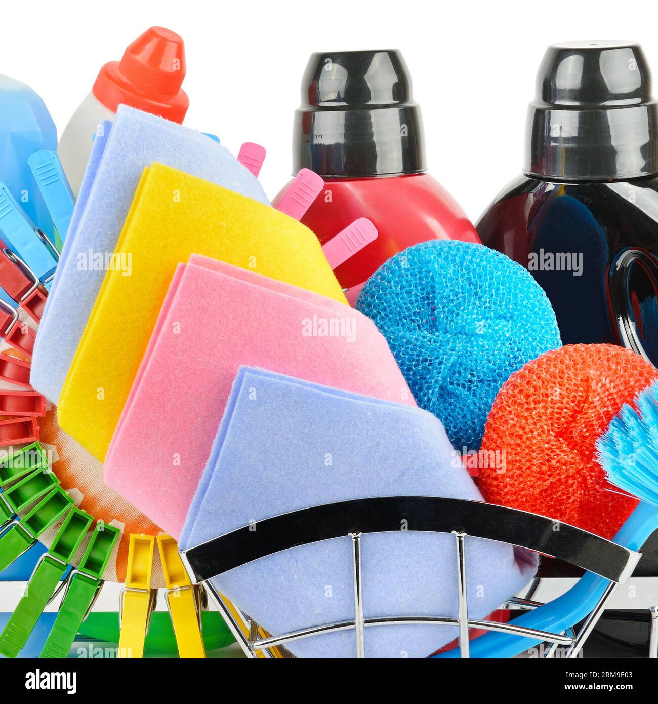 Set of household chemicals and brushes for cleaning isolated on white ...