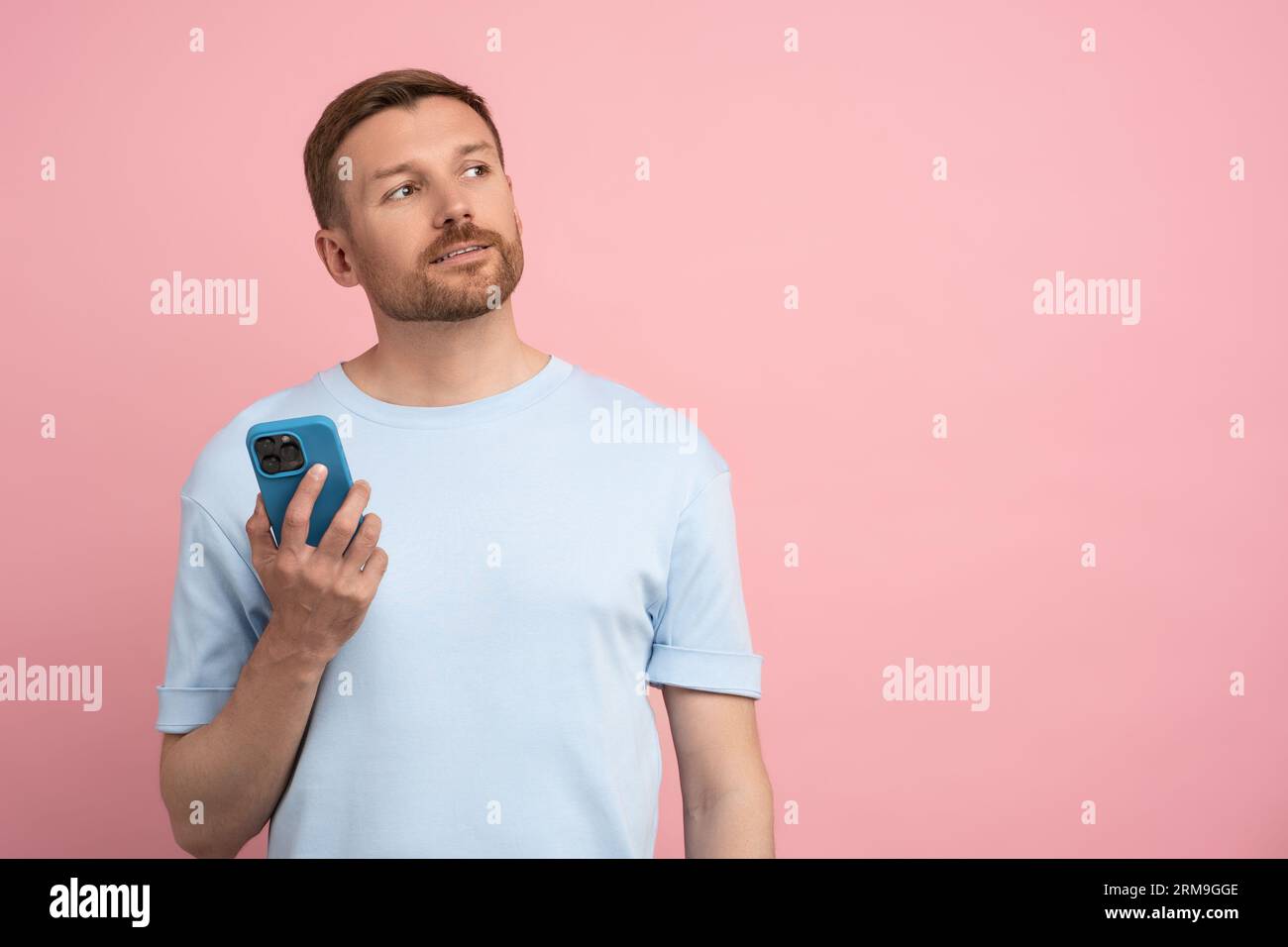 Thoughtful man with cellphone dream look pondering about profitable ...