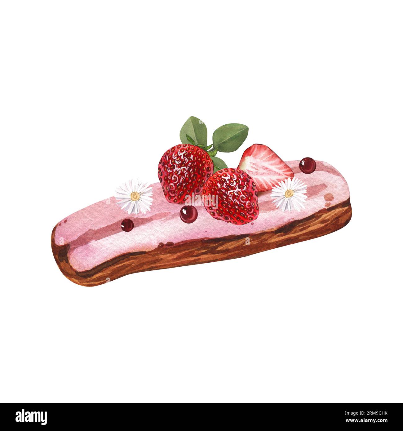 Watercolor dessert, eclair with cream and fresh strawberries. Hand ...