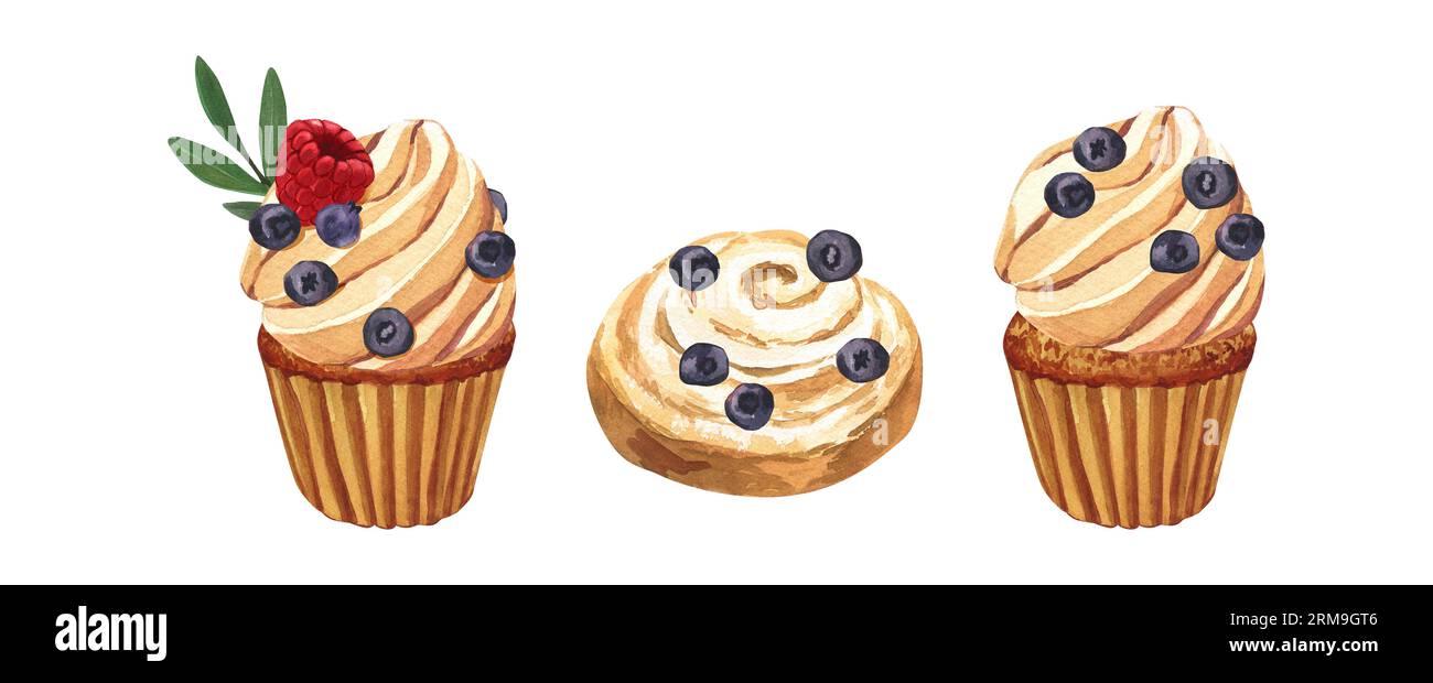 Watercolor dessert set, muffin with white cream, cupcake blueberry ...