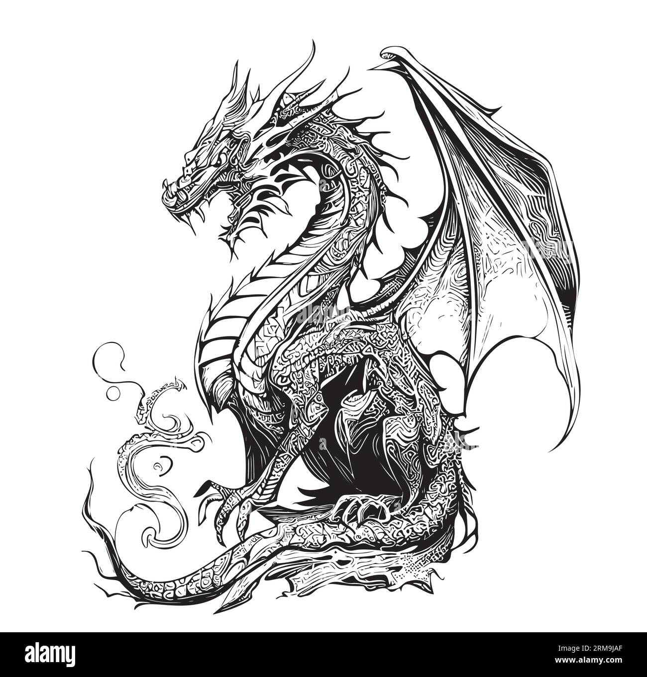 Fairy Dragon mystical with wings sketch drawn in doodle style ...