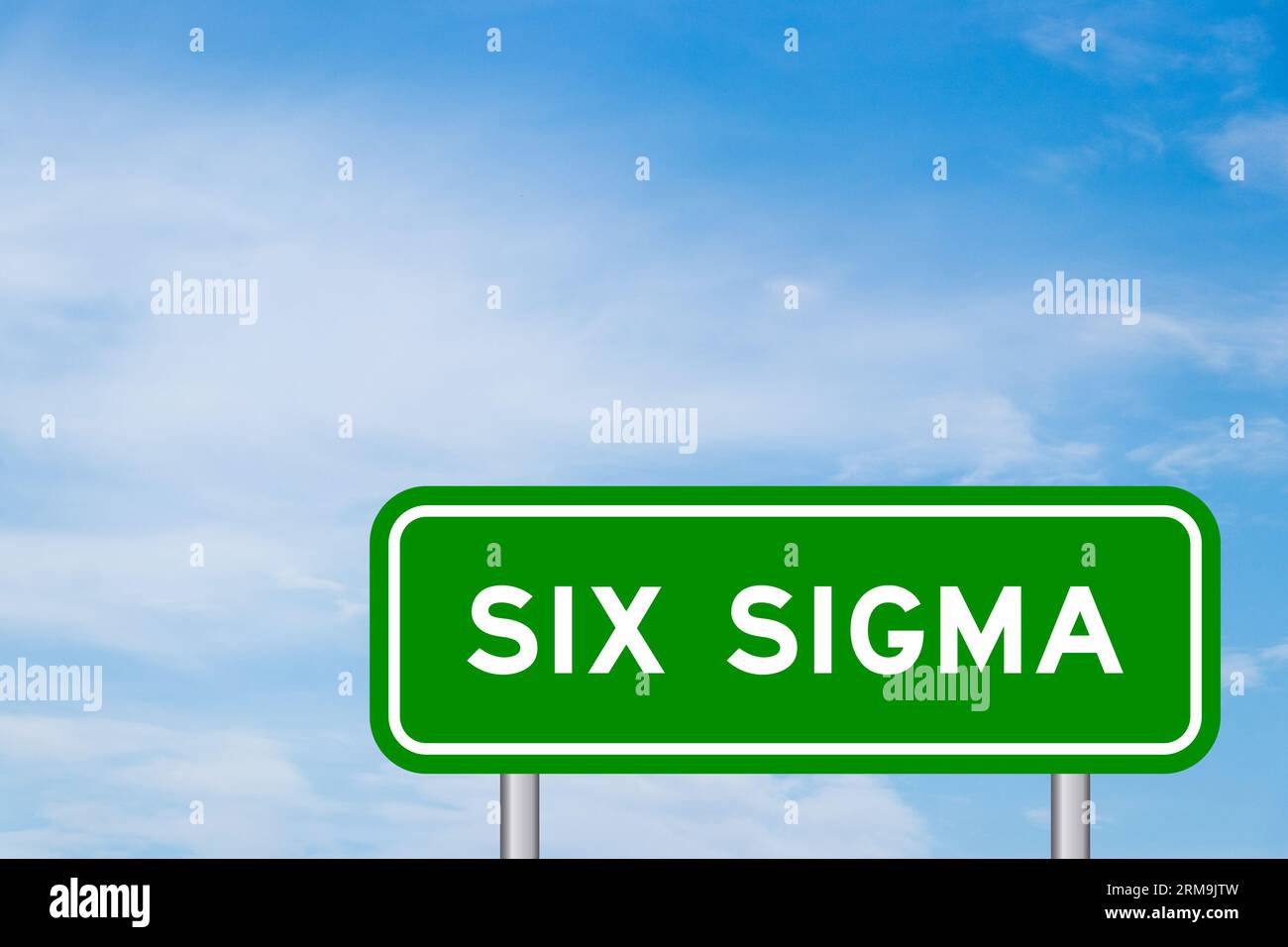 Green color transportation sign with word six sigma on blue sky with ...