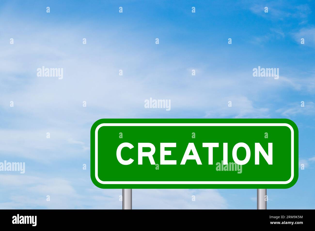 Green color transportation sign with word creation on blue sky with ...