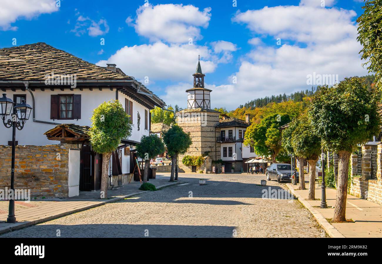 The Clock tower and the old town of Tryavna, Bulgaria. The ...